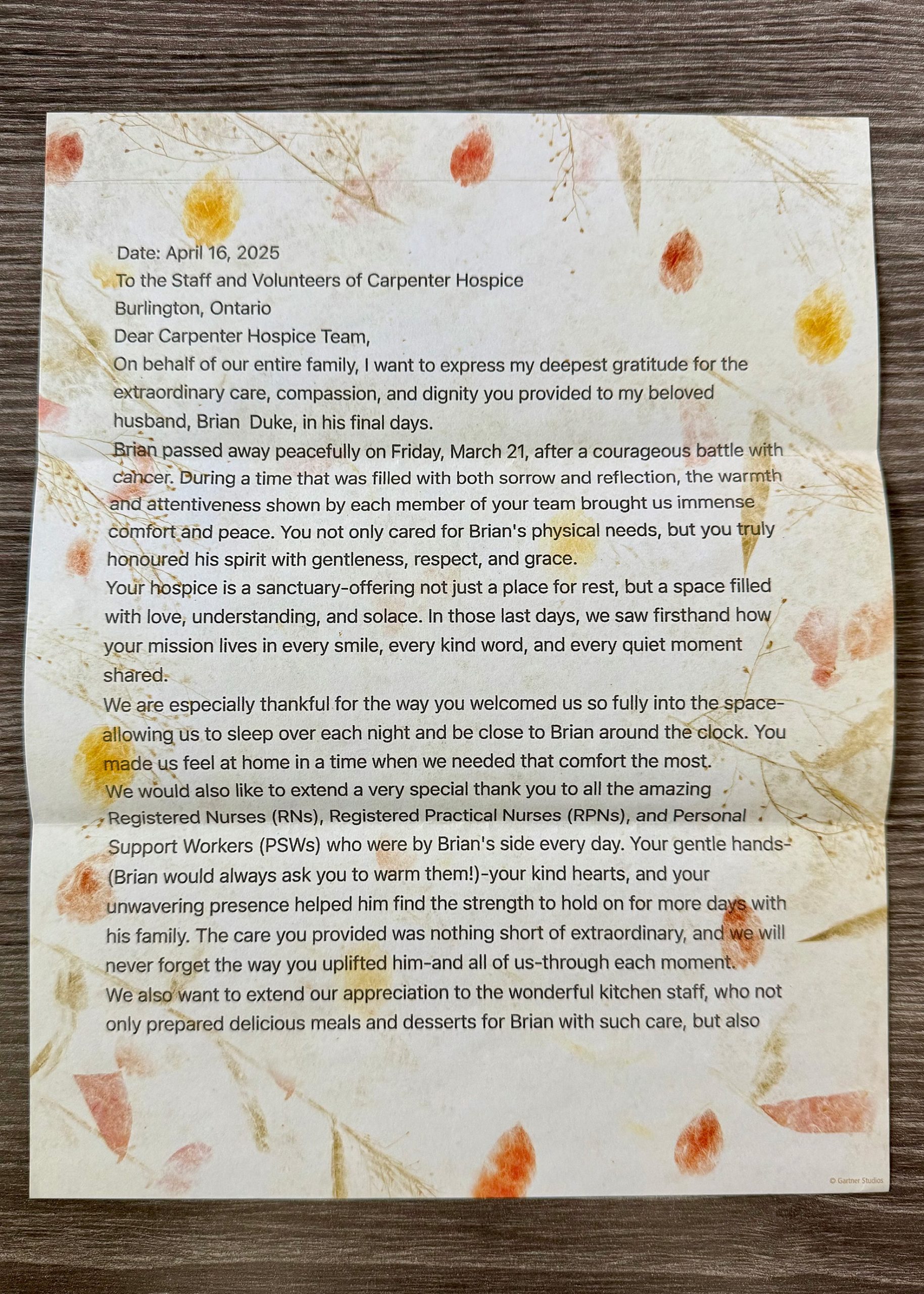 Duke Family Letter – The Carpenter Hospice