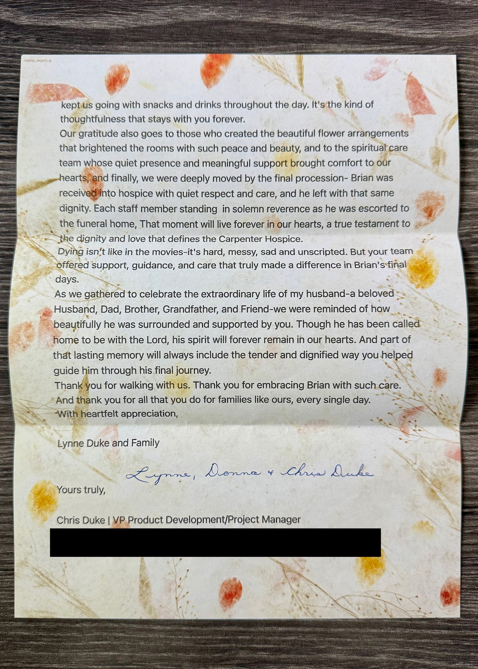 Duke Family Letter – The Carpenter Hospice